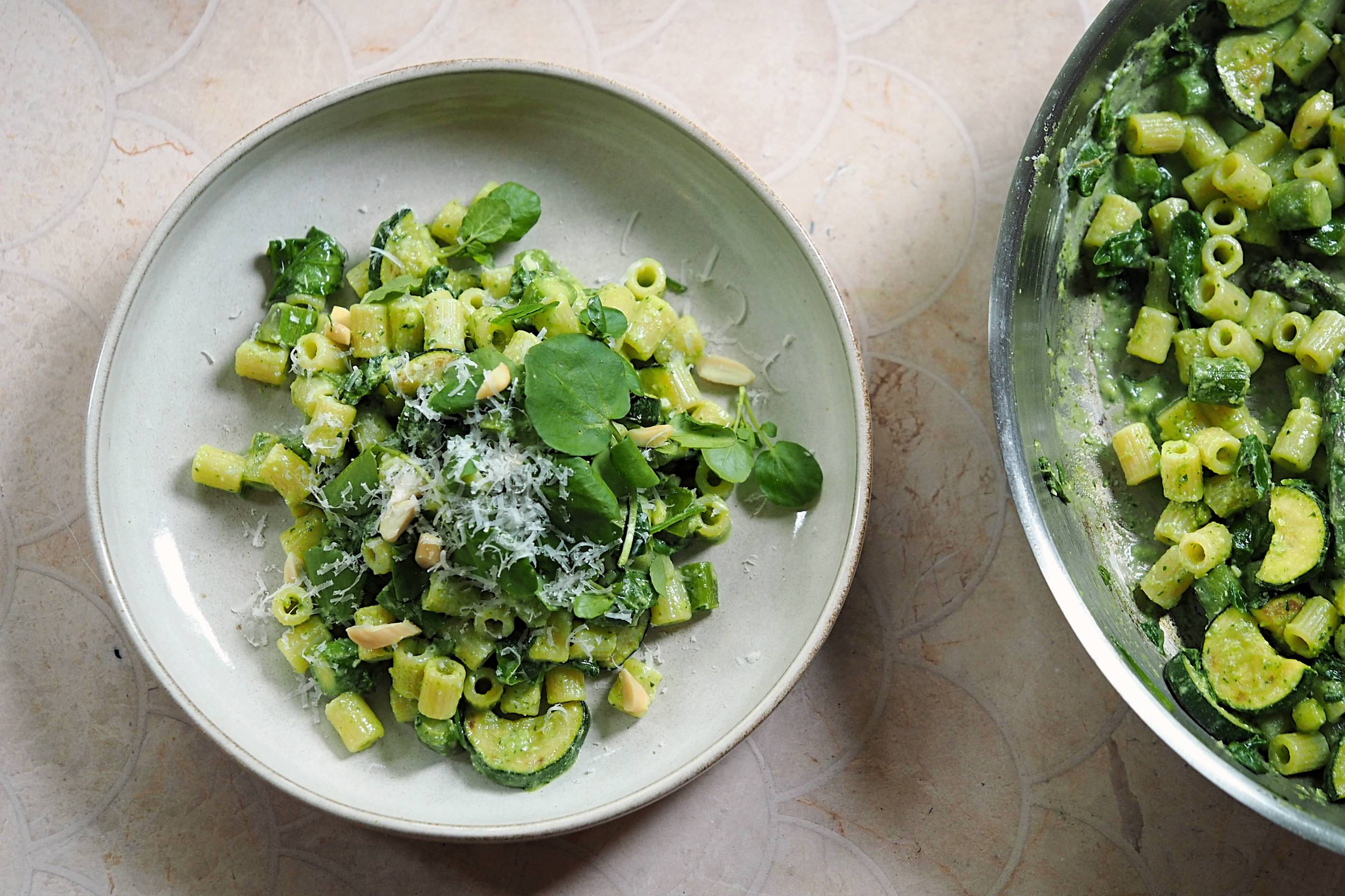 Creamy Rocket & Almond Pesto Pasta with Spring Vegetables – But First, Food