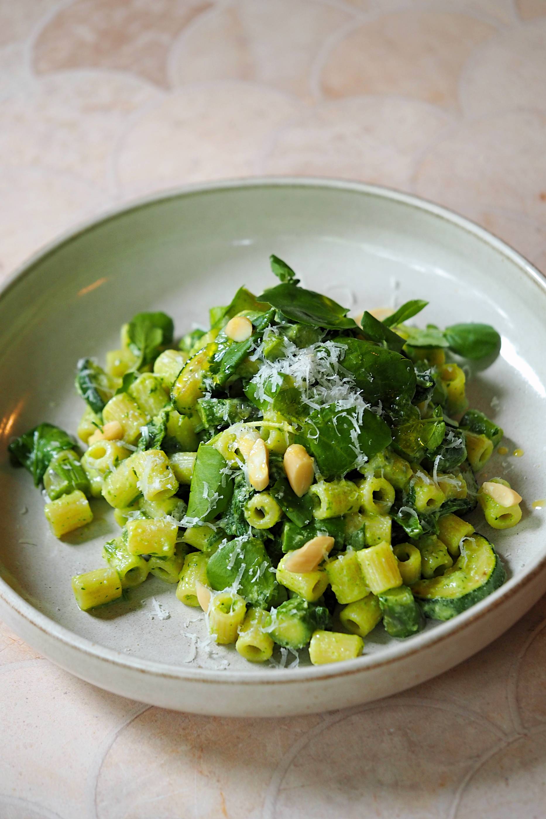 Creamy Rocket & Almond Pesto Pasta with Spring Vegetables – But First, Food