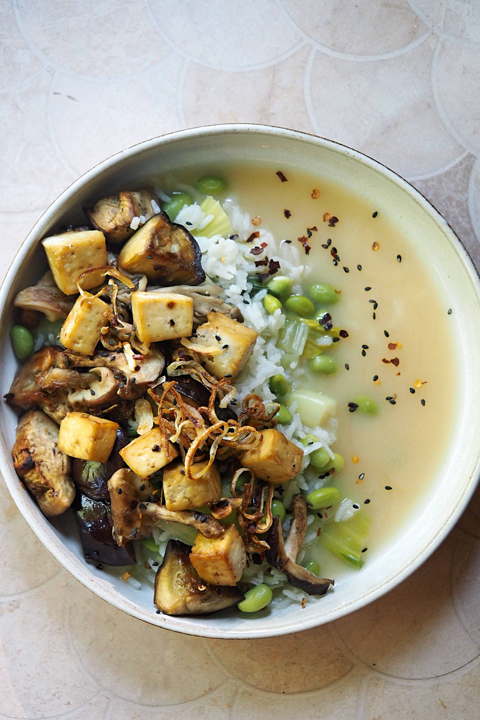 Miso Brothy Rice with Tofu, Mushroom & Aubergine – But First, Food